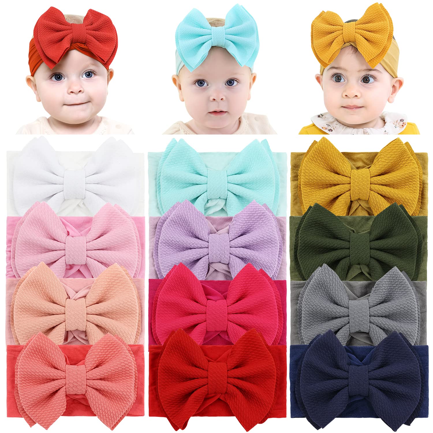 Cinaci 12 Pack Super Stretchy Nylon Headbands with Big Bow Hair Accessories Wide Headwraps for Baby Girls Infants Toddlers Kids