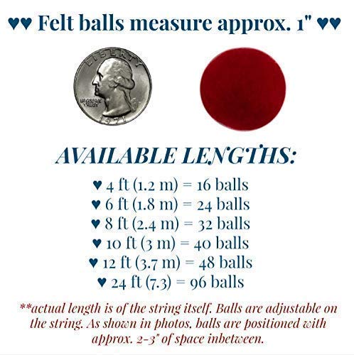Red Felt Ball Garland- Christmas, Valentine's Day- 1" (2.5 cm) Wool Felt Balls