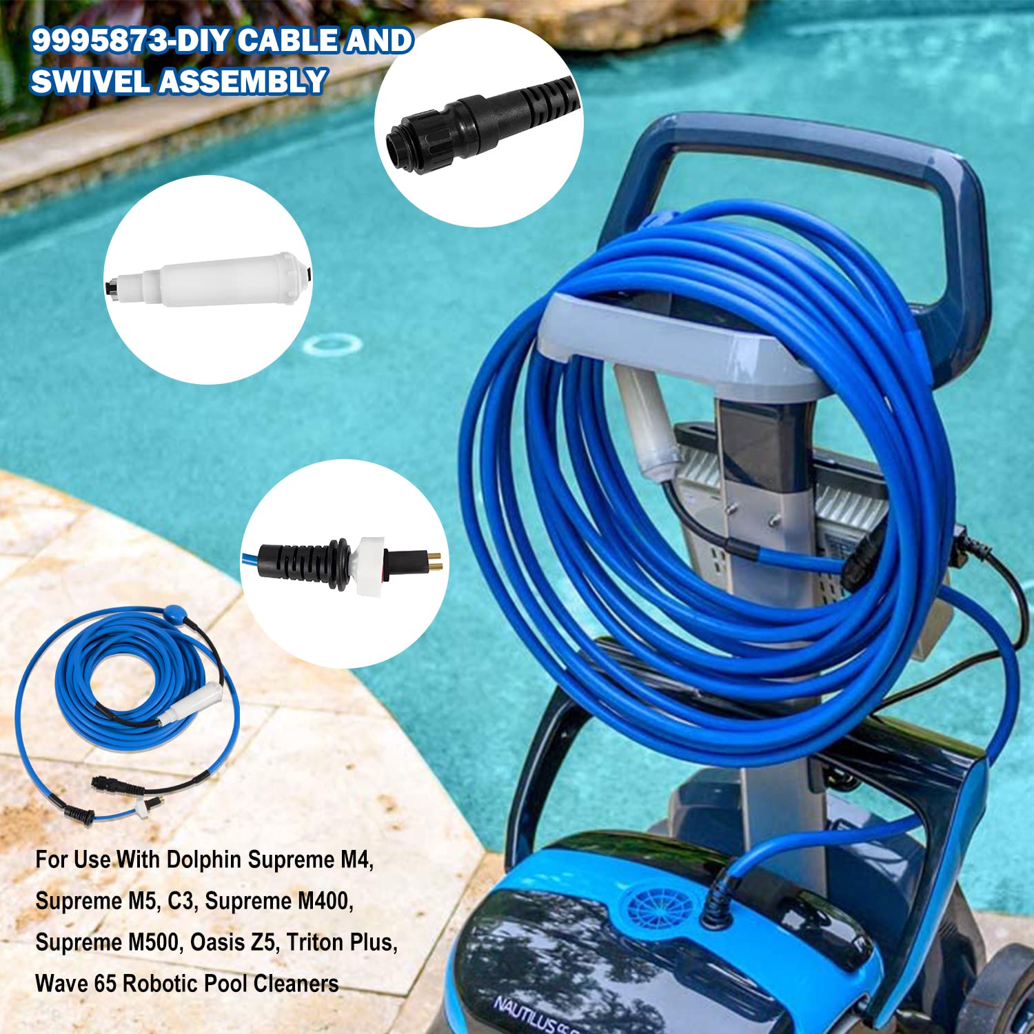 9995873 DIY Cable 3 Wire Assy w/Swivel, Pool Cleaner Parts Replacement 3 Pin Swivel Cord Fit for Dolphin Supreme M4 M5 C3 M400 M500, Oasis Z5, Triton Plus, Wave 65, With Remote Control or Bluetooth