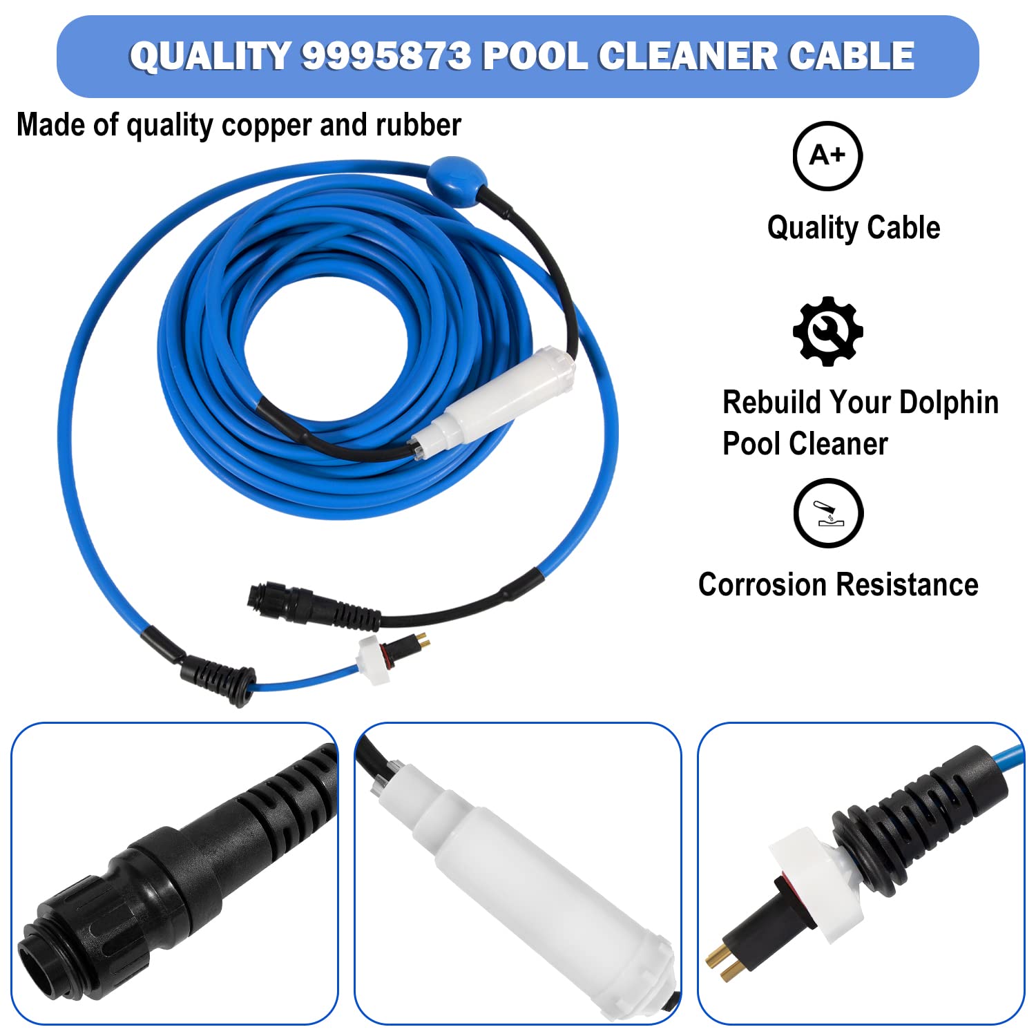 9995873 DIY Cable 3 Wire Assy w/Swivel, Pool Cleaner Parts Replacement 3 Pin Swivel Cord Fit for Dolphin Supreme M4 M5 C3 M400 M500, Oasis Z5, Triton Plus, Wave 65, With Remote Control or Bluetooth