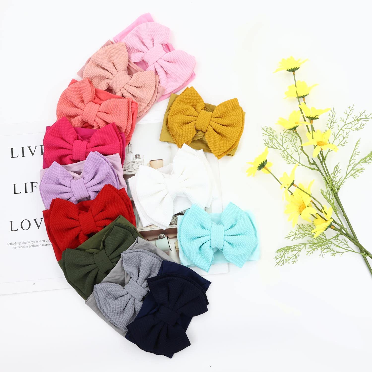 Cinaci 12 Pack Super Stretchy Nylon Headbands with Big Bow Hair Accessories Wide Headwraps for Baby Girls Infants Toddlers Kids