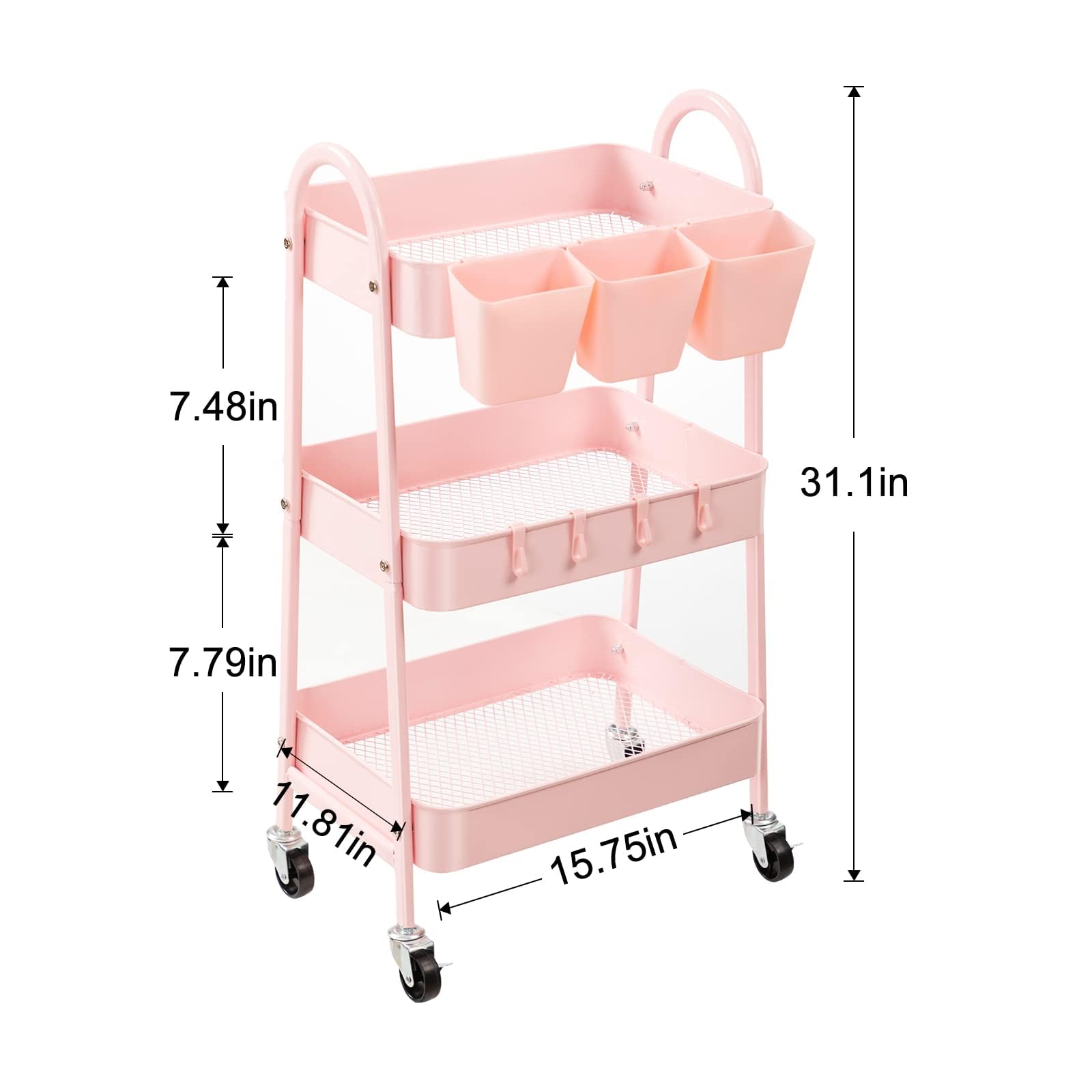 danpinera 3-Tier Rolling Cart, Metal Rolling Storage Cart with Lockable Wheels & Hanging Cups & Hooks, Mobile Trolley Cart for Kitchen, Bathroom, Office, Workshop, Pink