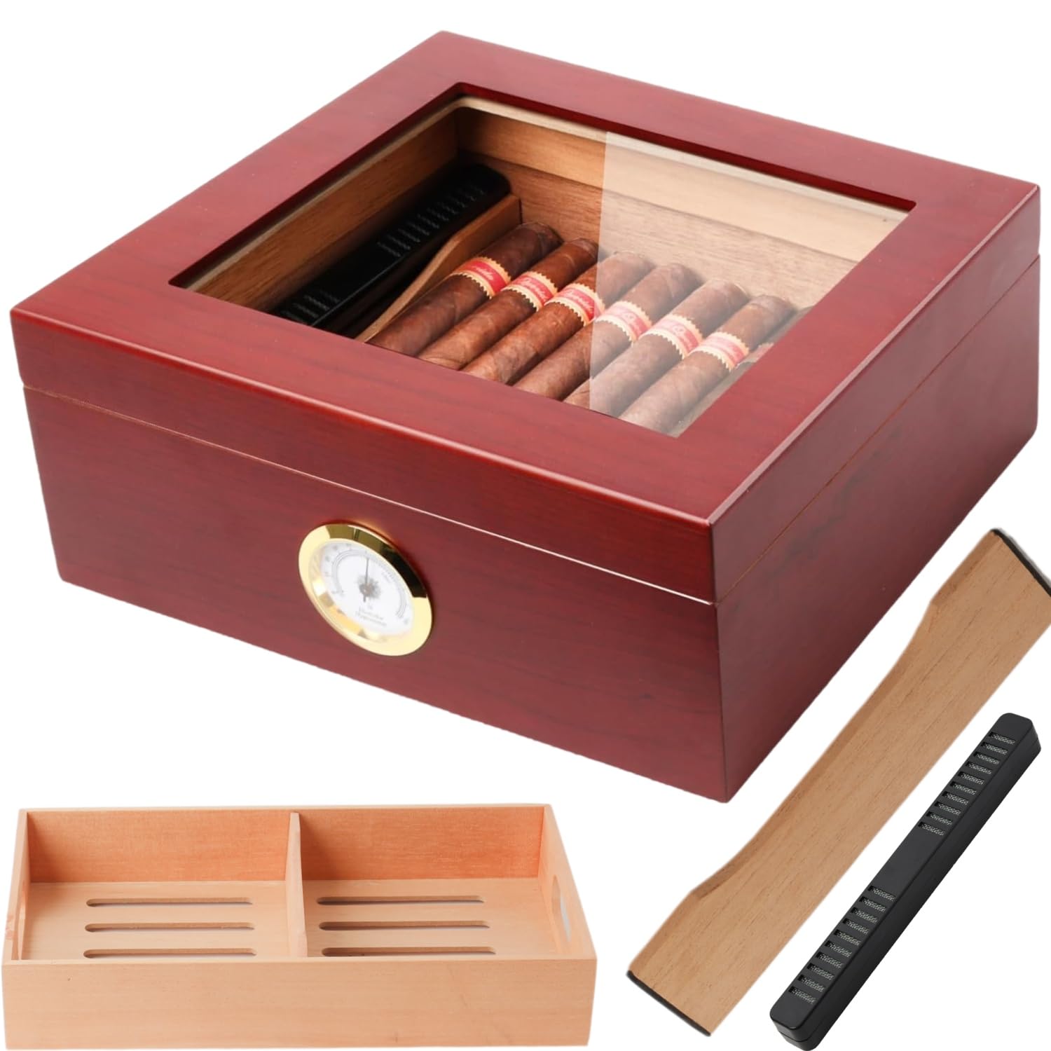 Mantello Glass Top Cigar Humidors - Humidor Cigar Box with Humidifier, Spanish Cedar Tray, Divider, and Hygrometer - Gifts for Men, Holds 25 to 50 Cigars