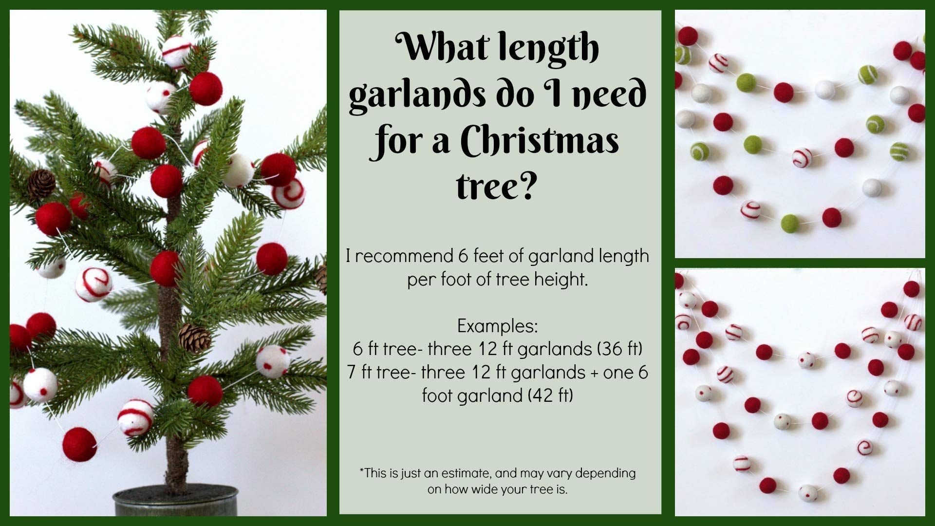 Red Felt Ball Garland- Christmas, Valentine's Day- 1" (2.5 cm) Wool Felt Balls