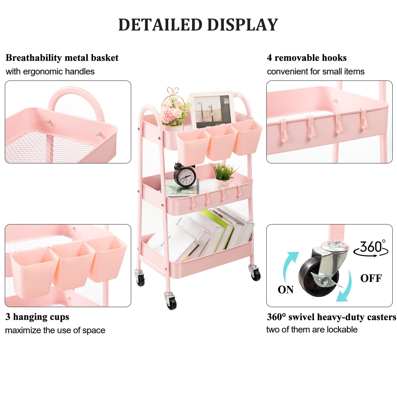 danpinera 3-Tier Rolling Cart, Metal Rolling Storage Cart with Lockable Wheels & Hanging Cups & Hooks, Mobile Trolley Cart for Kitchen, Bathroom, Office, Workshop, Pink