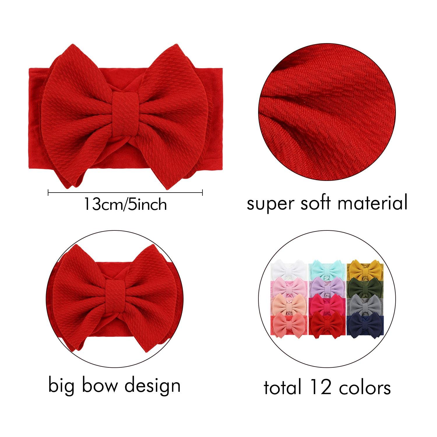 Cinaci 12 Pack Super Stretchy Nylon Headbands with Big Bow Hair Accessories Wide Headwraps for Baby Girls Infants Toddlers Kids