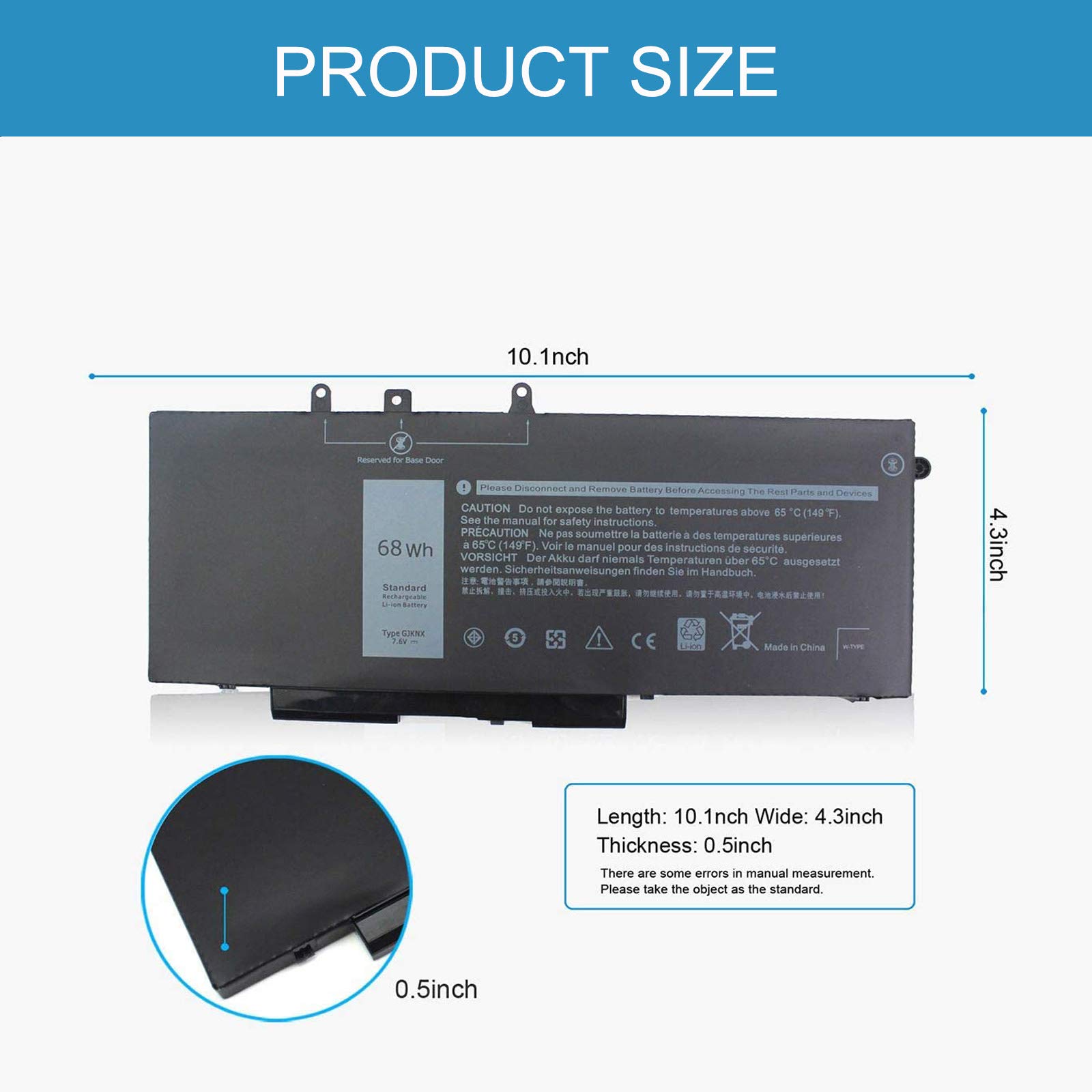 Uziyockn 68Wh GJKNX Battery for Dell Latitude 5280 5480 5490 5290 5580 5288 5488 5491 5495 5590 5591 E5480 E5580 E5590 E5490 Precision 15 3520 3530 GD1JP DY9NT 0DY9NT 5YHR4 451-BBZG 7.6V 4-Cell