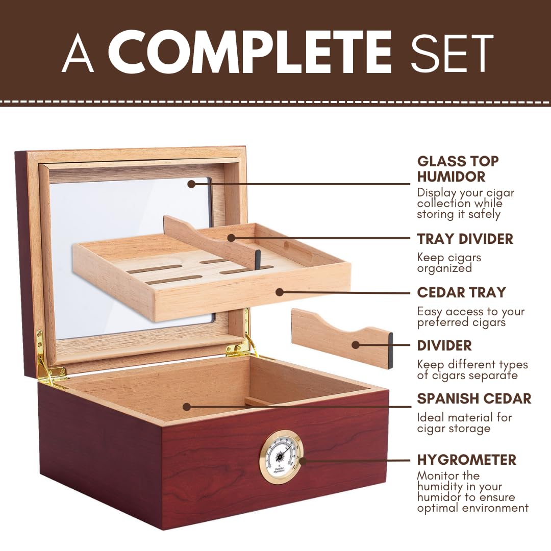 Mantello Glass Top Cigar Humidors - Humidor Cigar Box with Humidifier, Spanish Cedar Tray, Divider, and Hygrometer - Gifts for Men, Holds 25 to 50 Cigars