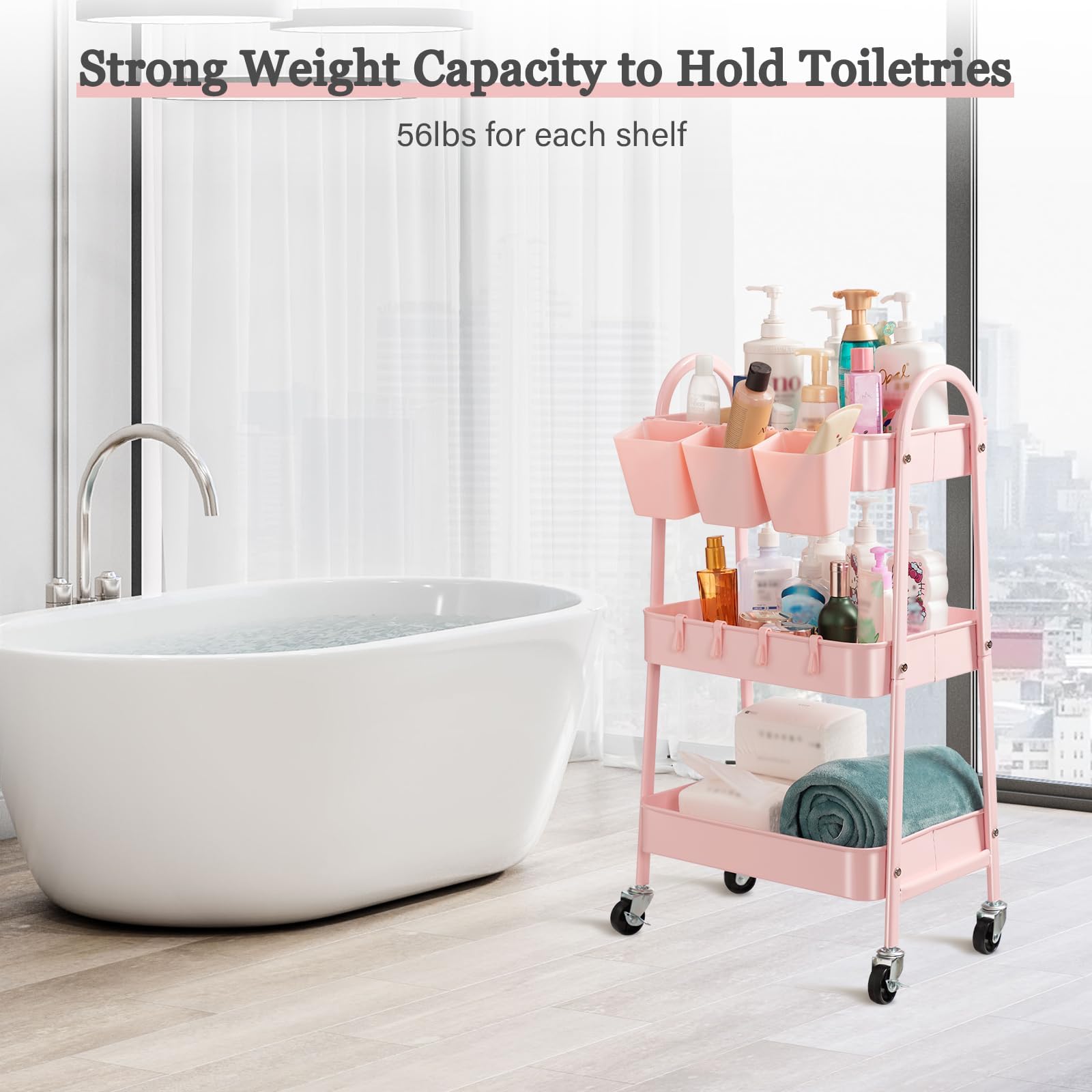 danpinera 3-Tier Rolling Cart, Metal Rolling Storage Cart with Lockable Wheels & Hanging Cups & Hooks, Mobile Trolley Cart for Kitchen, Bathroom, Office, Workshop, Pink