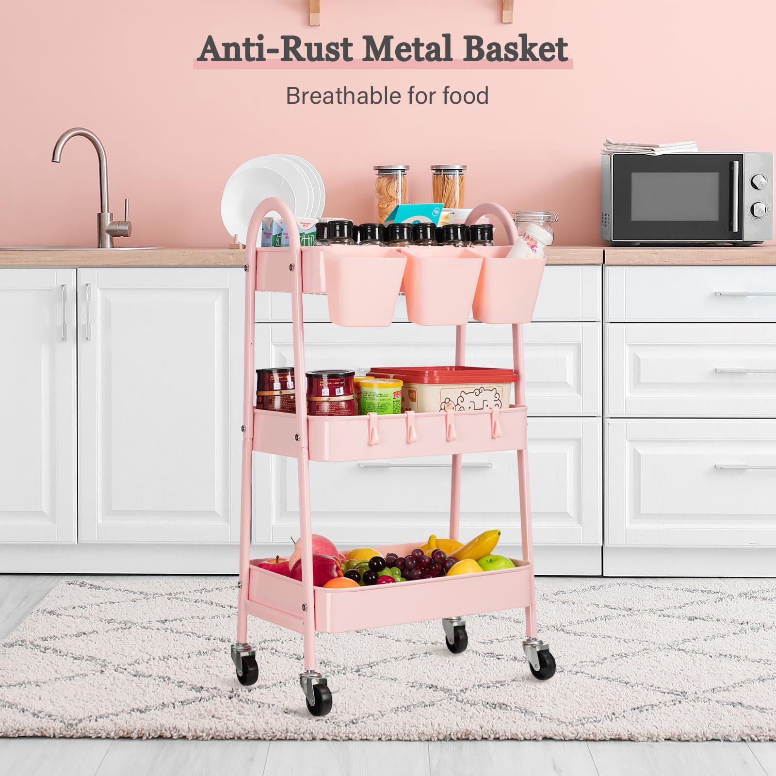 danpinera 3-Tier Rolling Cart, Metal Rolling Storage Cart with Lockable Wheels & Hanging Cups & Hooks, Mobile Trolley Cart for Kitchen, Bathroom, Office, Workshop, Pink