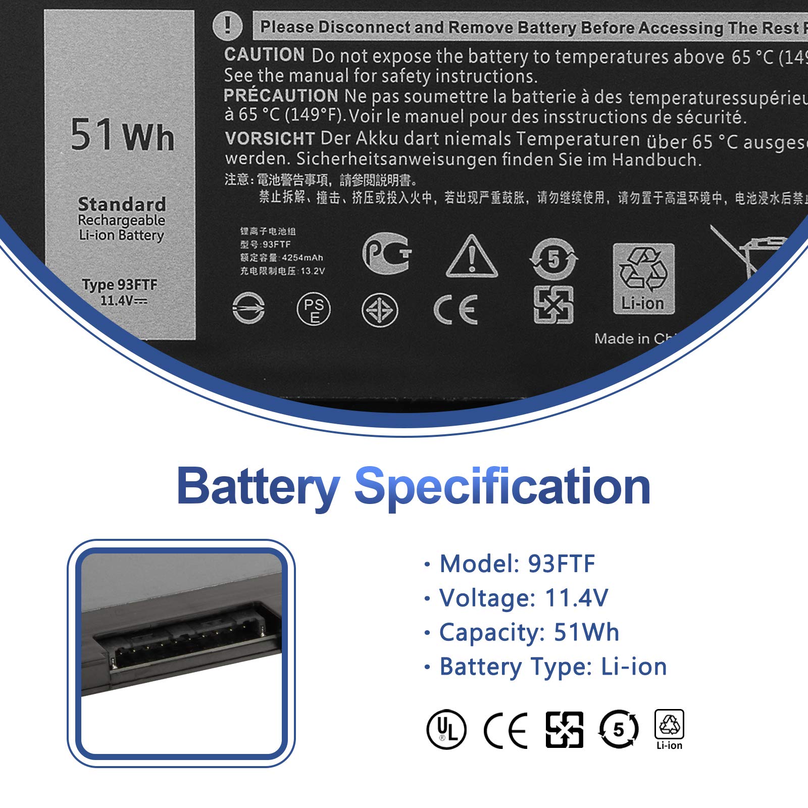 ANTIEE 51Wh 93FTF Laptop Battery Replacement for Dell Latitude 5280 5480 5580 5590 5490 5288 5290 5488 E5280 E5480 E5580 E5490 E5590 E5290 Precision 15 3520 3530 Series D4CMT 4YFVG 83XPC 083XPC