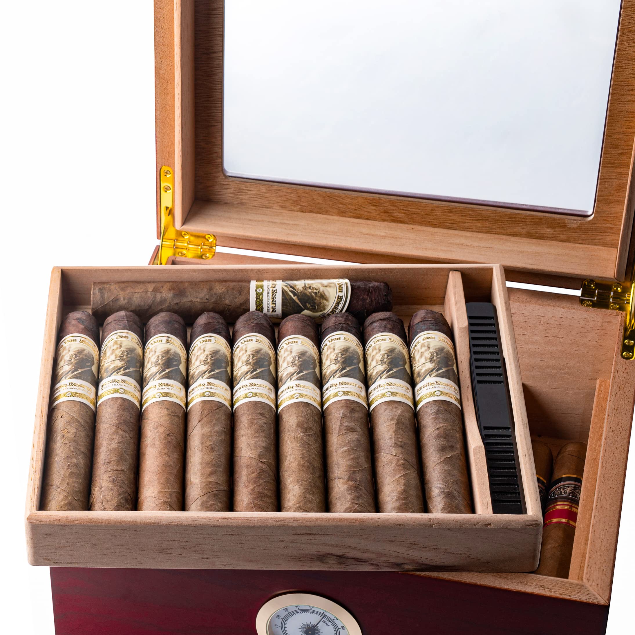 Mantello Glass Top Cigar Humidors - Humidor Cigar Box with Humidifier, Spanish Cedar Tray, Divider, and Hygrometer - Gifts for Men, Holds 25 to 50 Cigars