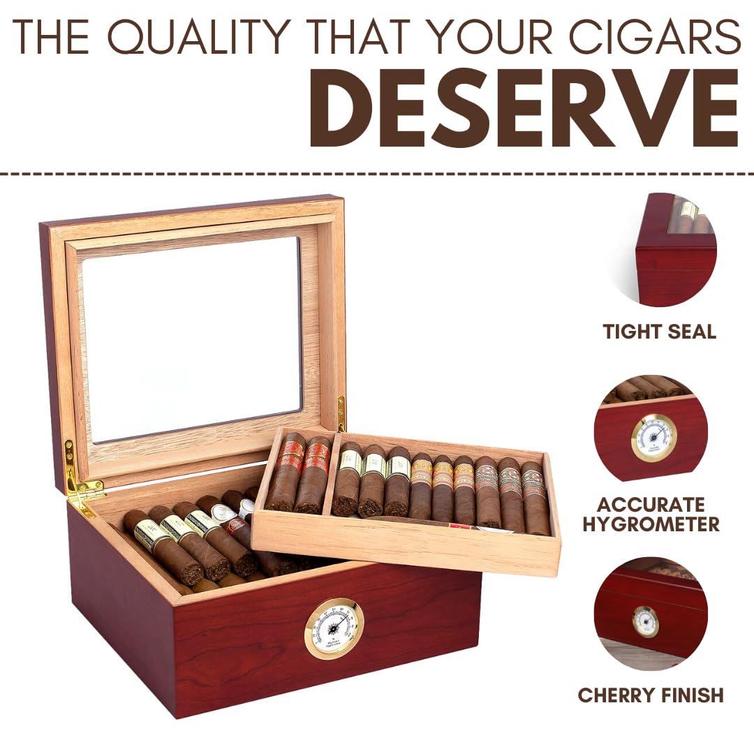 Mantello Glass Top Cigar Humidors - Humidor Cigar Box with Humidifier, Spanish Cedar Tray, Divider, and Hygrometer - Gifts for Men, Holds 25 to 50 Cigars