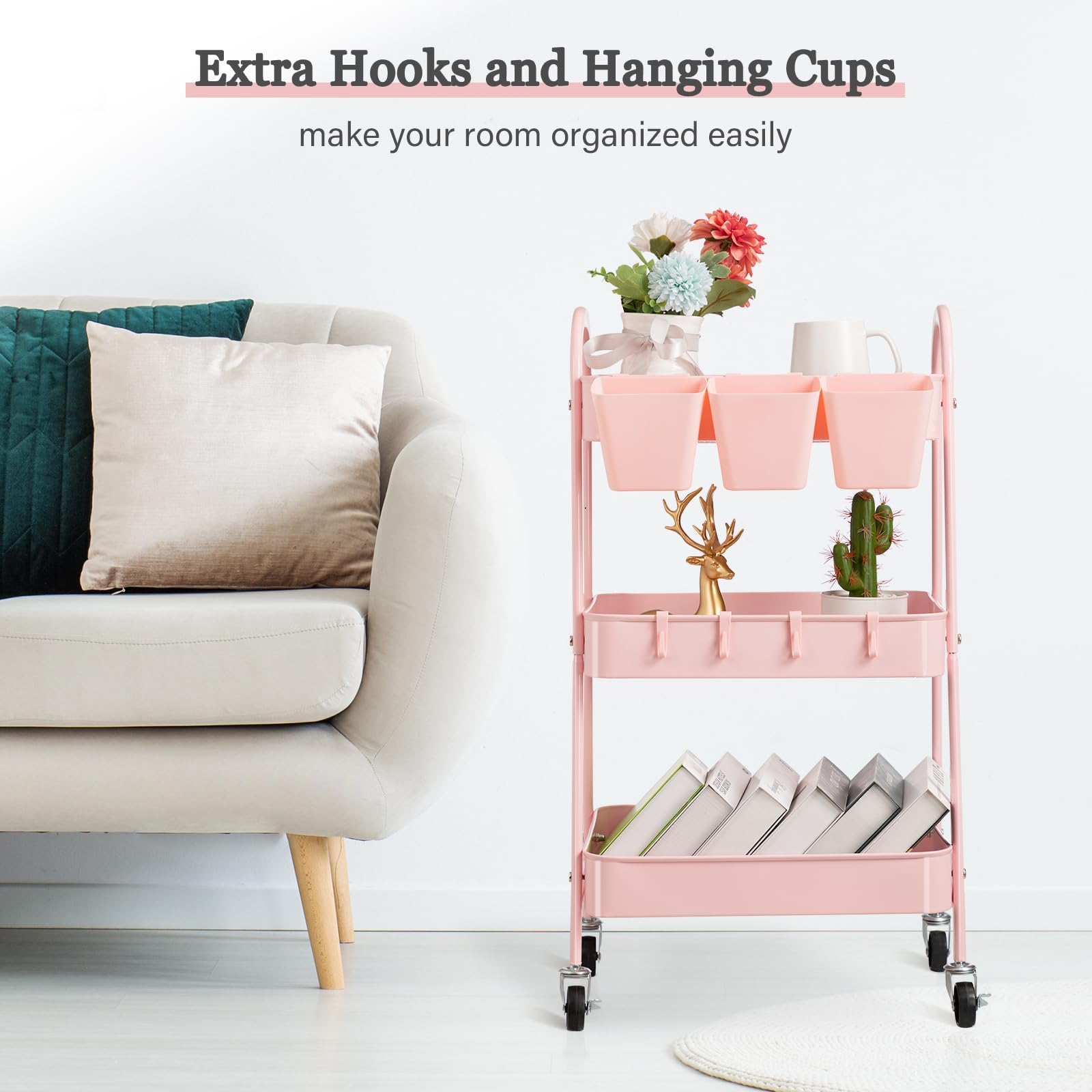 danpinera 3-Tier Rolling Cart, Metal Rolling Storage Cart with Lockable Wheels & Hanging Cups & Hooks, Mobile Trolley Cart for Kitchen, Bathroom, Office, Workshop, Pink