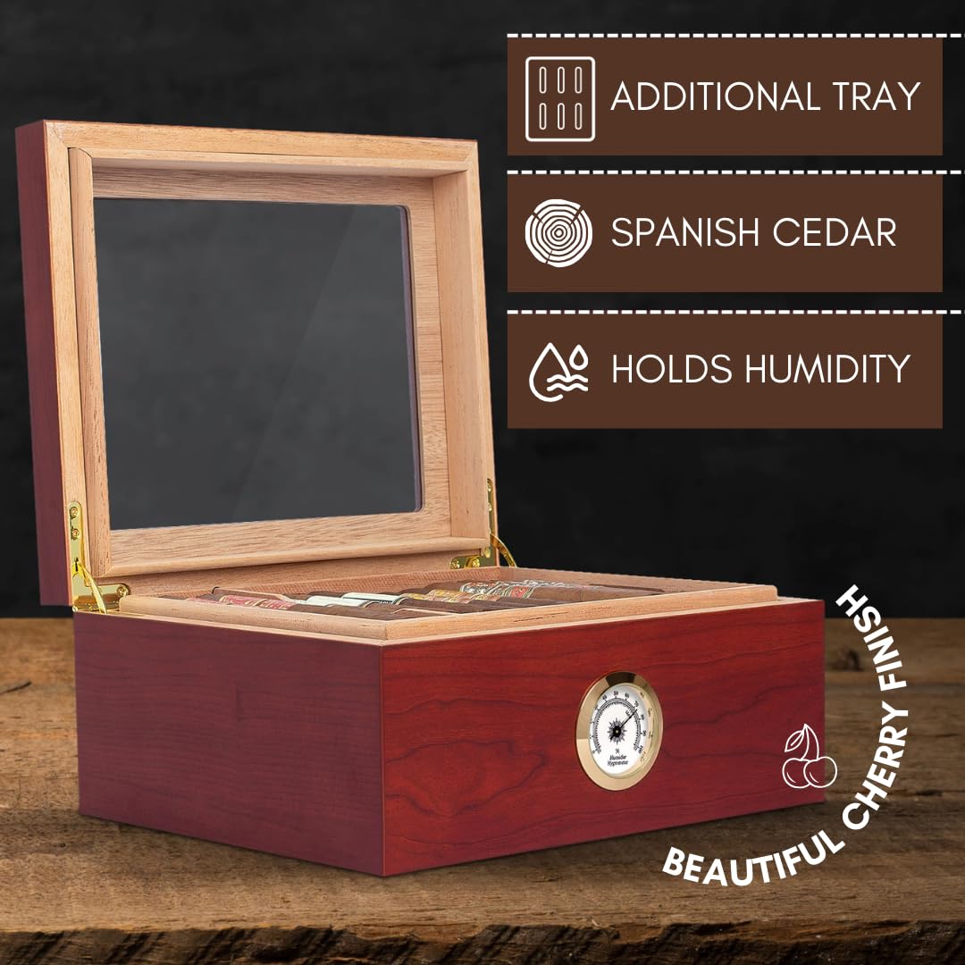 Mantello Glass Top Cigar Humidors - Humidor Cigar Box with Humidifier, Spanish Cedar Tray, Divider, and Hygrometer - Gifts for Men, Holds 25 to 50 Cigars
