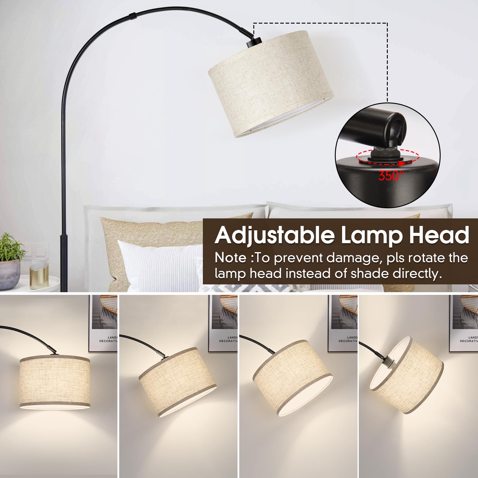 Dimmable Floor Lamp, Arc Floor Lamp with Dimmer, Black Standing Lamp with Adjustable Hanging Shade, Over Couch Tall Reading Light, Modern Pole Lamp for Living Room Bedroom, 8W LED Bulb Included