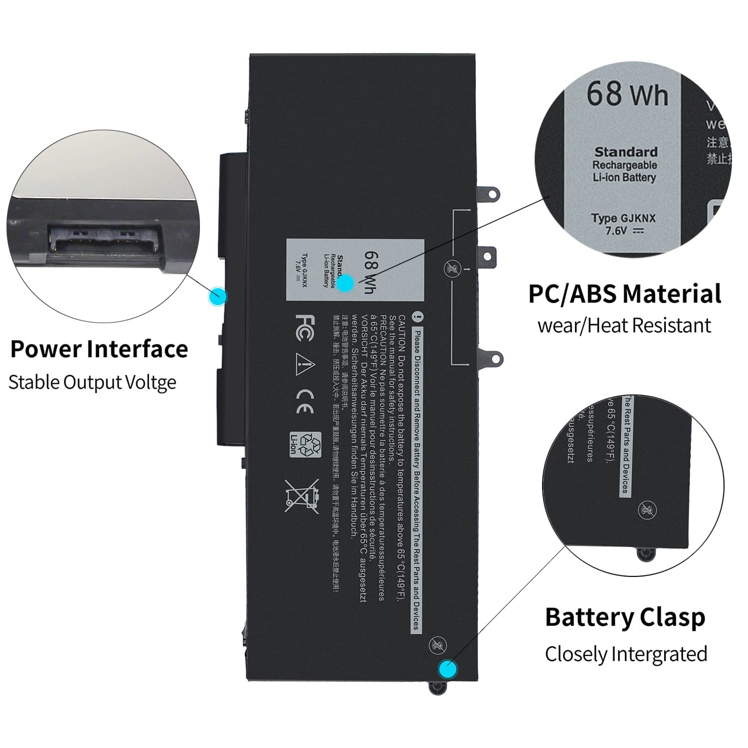 68Wh GJKNX 7.6V Laptop Battery for Dell Latitude 5480 5580 5280 5490 5590 5491 5288 5488 5495 5591 E5480 E5580 E5490 E5590 E5591 Precision 15 3520 3530 GD1JP 5YHR4 451-BBZG DY9NT 0DY9NT 0GD1JP 4-Cell