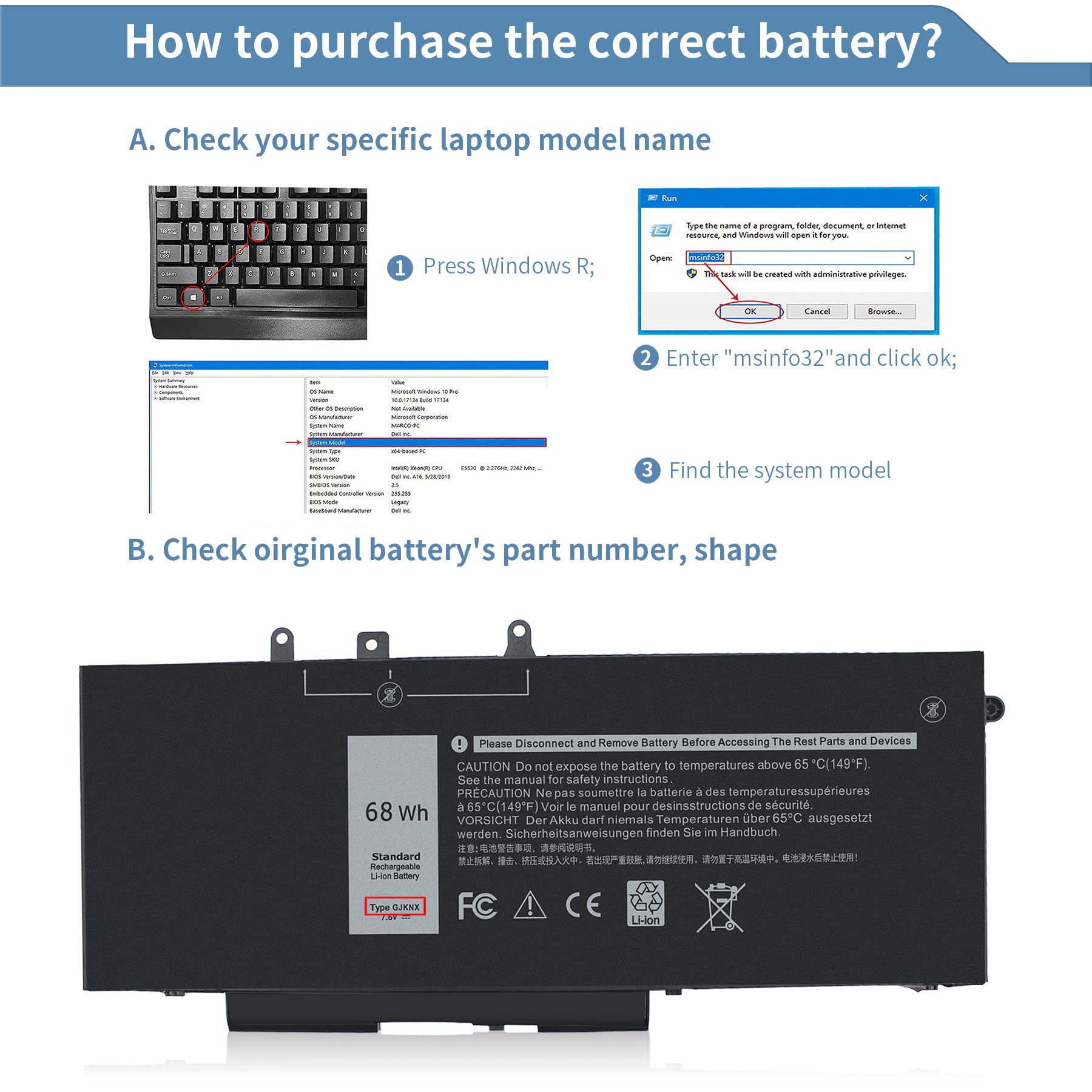 68Wh GJKNX 7.6V Laptop Battery for Dell Latitude 5480 5580 5280 5490 5590 5491 5288 5488 5495 5591 E5480 E5580 E5490 E5590 E5591 Precision 15 3520 3530 GD1JP 5YHR4 451-BBZG DY9NT 0DY9NT 0GD1JP 4-Cell