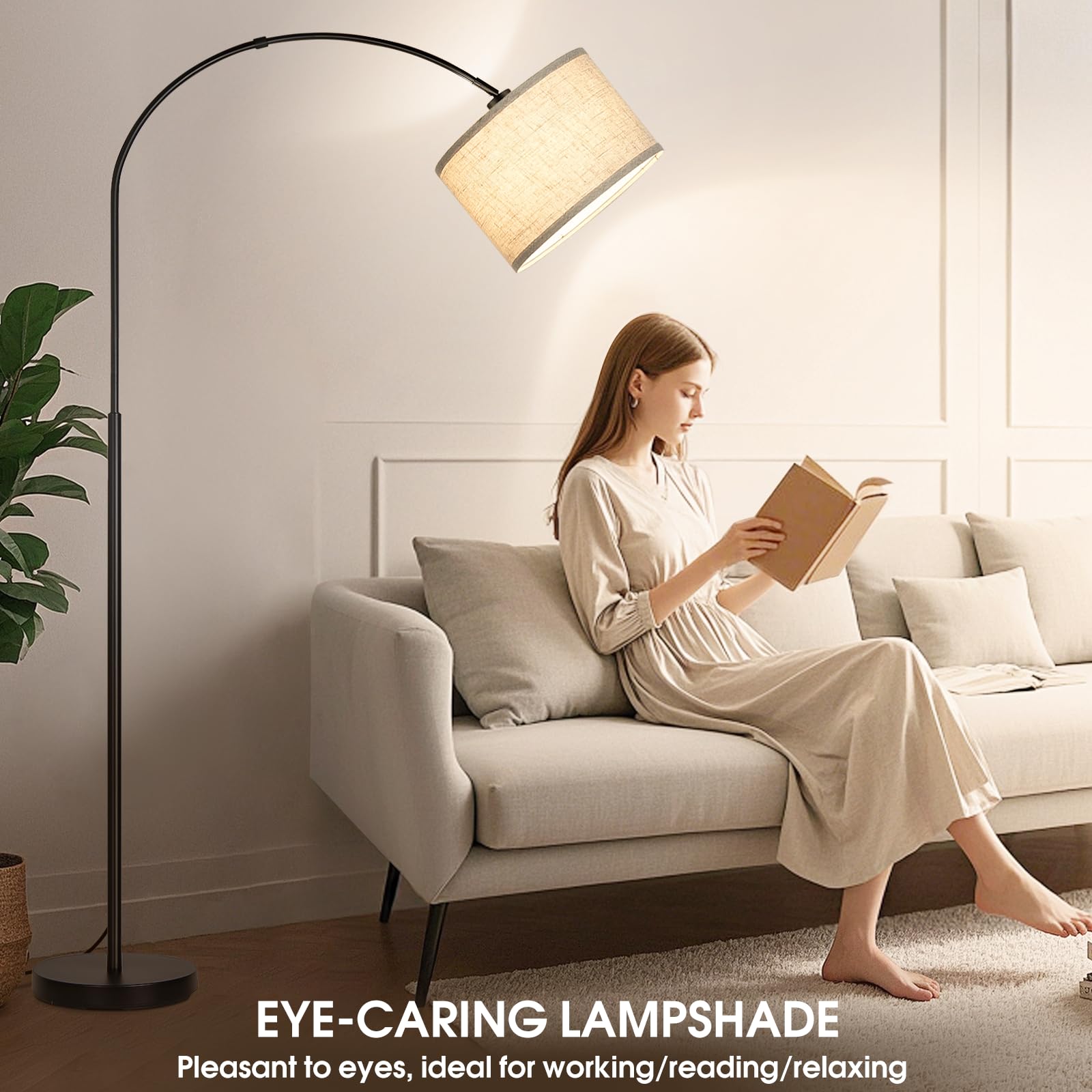 Dimmable Floor Lamp, Arc Floor Lamp with Dimmer, Black Standing Lamp with Adjustable Hanging Shade, Over Couch Tall Reading Light, Modern Pole Lamp for Living Room Bedroom, 8W LED Bulb Included
