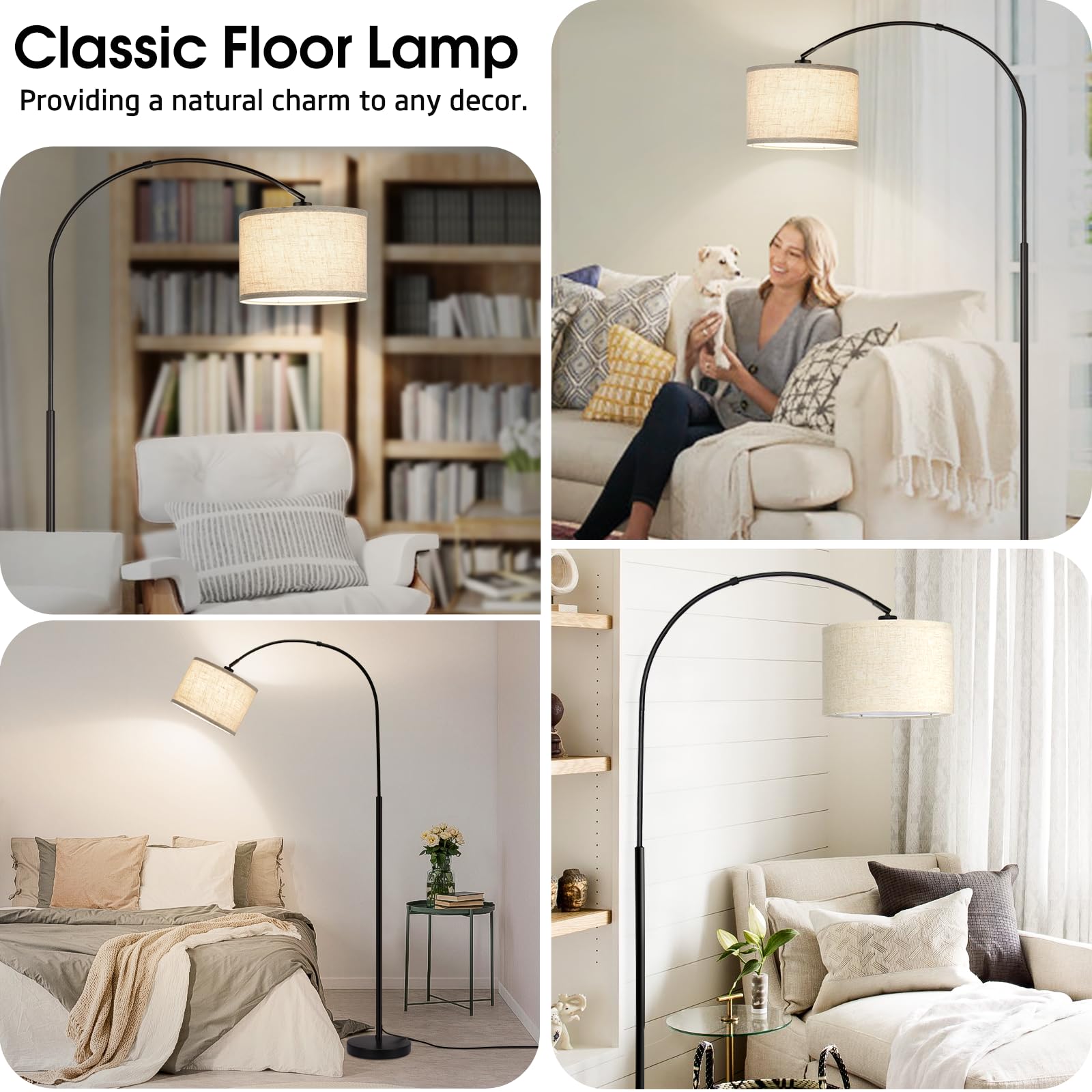 Dimmable Floor Lamp, Arc Floor Lamp with Dimmer, Black Standing Lamp with Adjustable Hanging Shade, Over Couch Tall Reading Light, Modern Pole Lamp for Living Room Bedroom, 8W LED Bulb Included