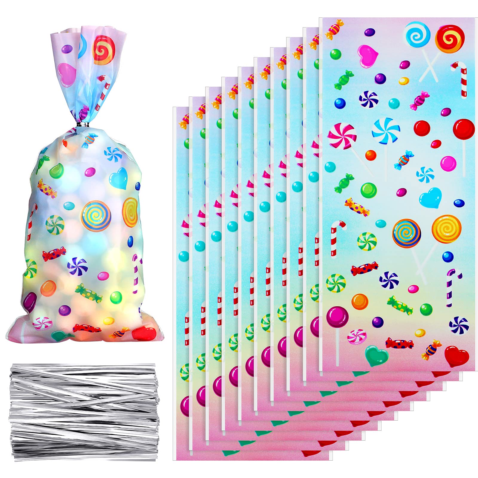 Outus 100 Pieces Cellophane Treat Bags Candy Bags Cand Lollipop Pattern Cello Bags with 150 Pieces Silvery Twist Ties for Chocolate Candy Snacks Cookies Birthday Party Favors, 11 x 5 Inches