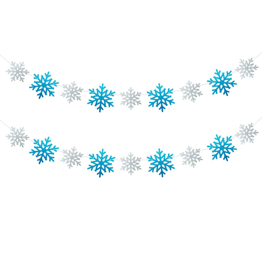 SaktopDeco Blue Silver Glitter Snowflake Banner Winter Snowflake Garland Hanging Christmas Party Decorations Pack of 2