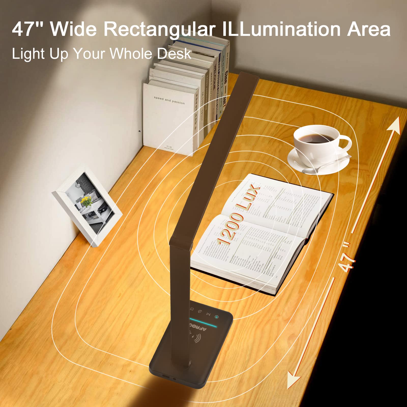 AFROG Multifunctional LED Desk Lamp with 10W Fast Wireless Charger, USB Charging Port, 5 Lighting Modes,7 Brightness Levels, 40 min Timer, Night Light Function,Eye-Caring Office Lamp, 5000K,8W,Black