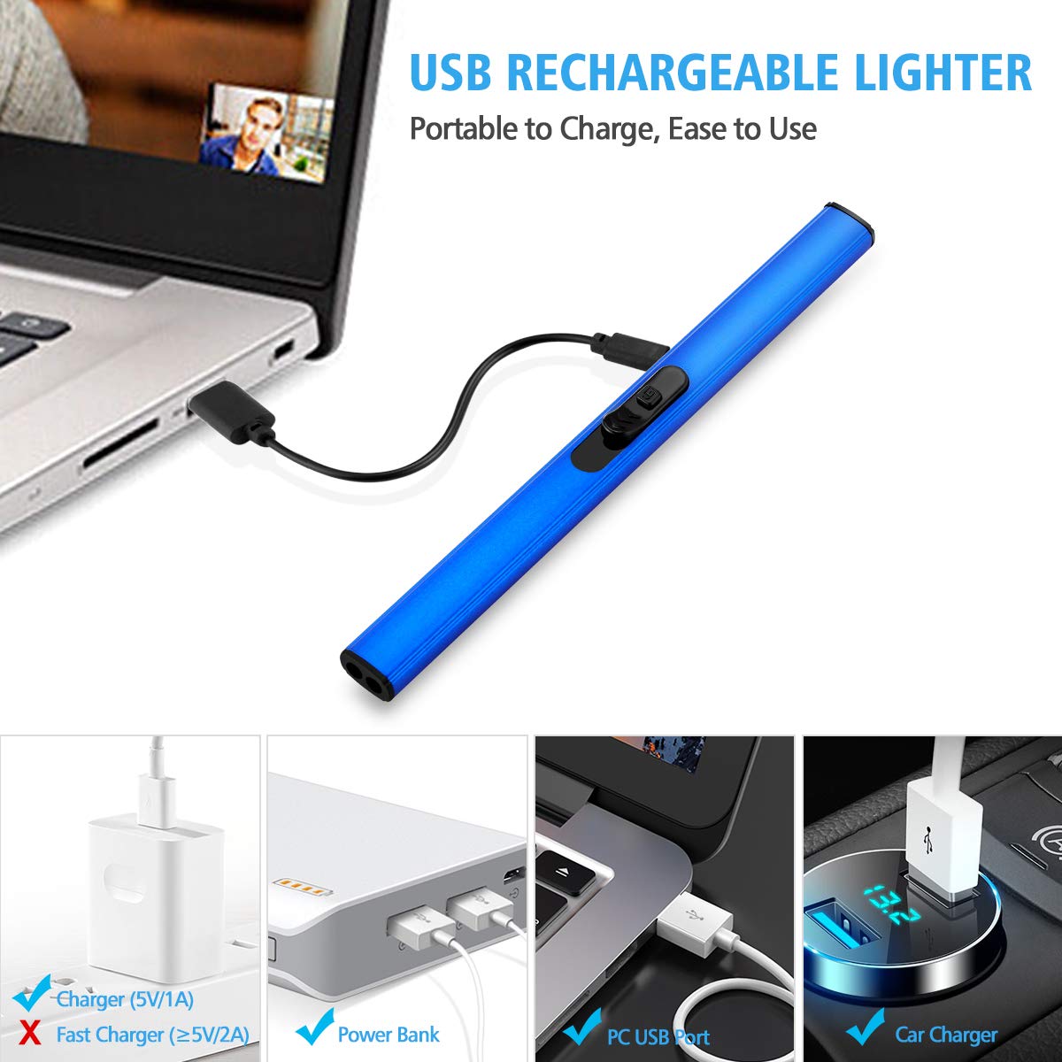 2 Pack Candle Electric Lighter, USB Rechargeable Arc Plasma Windproof Portable Flameless Lighter, No Fuel Needed, Sleek Design, Triple Safety, Perfect for Kitchen Camping Xmas, Blue+Gold