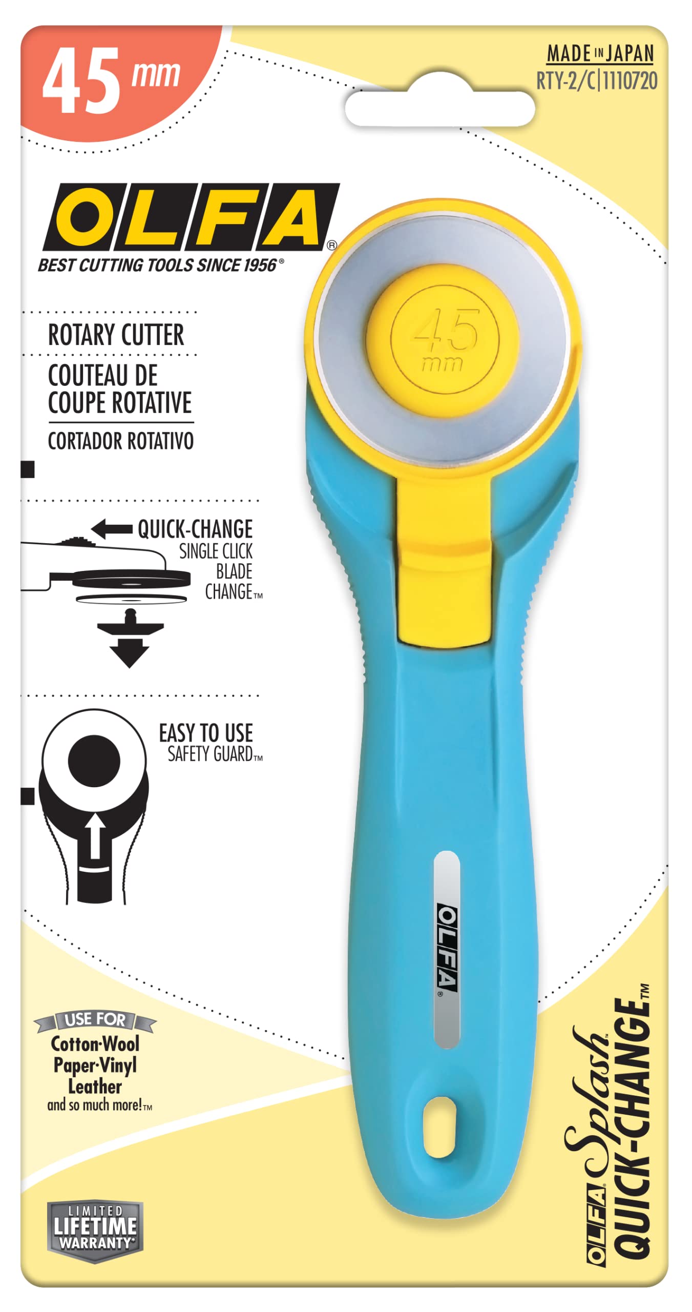 OLFA 45mm Quick-Change Rotary Cutter (RTY-2/C) - Rotary Fabric Cutter w/ Blade Cover for Crafts, Sewing, Quilting, Replacement Blade: OLFA RB45-1 (Aqua)
