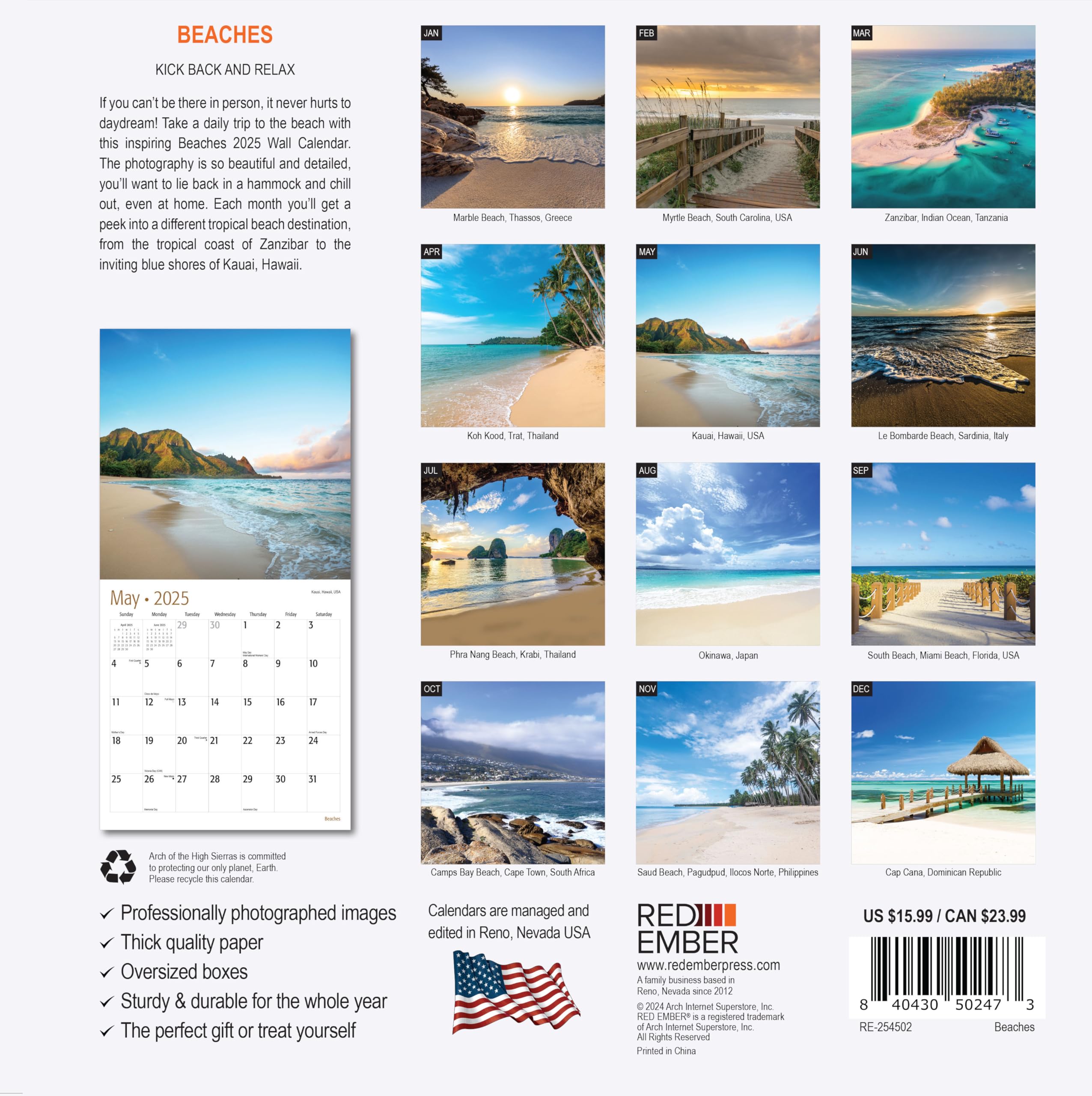 RED EMBER Tropical Islands 2023 Hangable Monthly Wall Calendar | 12" x 24" Open | Thick & Sturdy Paper | Giftable | Beautiful Scenic Beach Vacation Nature Photography