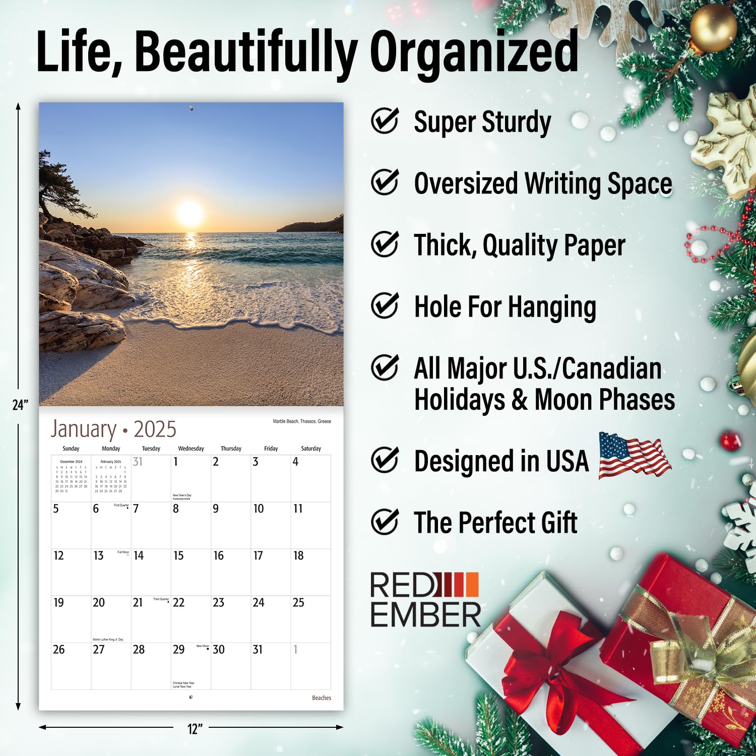 RED EMBER Tropical Islands 2023 Hangable Monthly Wall Calendar | 12" x 24" Open | Thick & Sturdy Paper | Giftable | Beautiful Scenic Beach Vacation Nature Photography