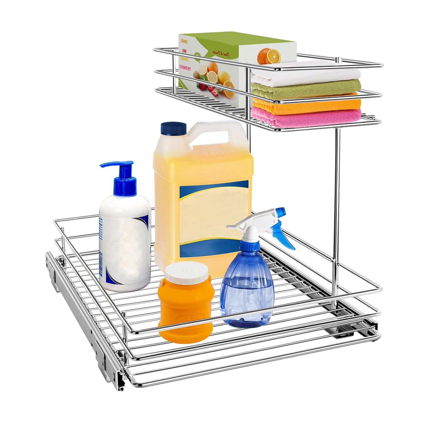 AHNR Pull Out Cabinet Organizer, 2-Tier Under Sink Slide Out Kitchen Cabinet Storage Shelves with Sliding Storage Drawer for Cabinet - 12.6W x 16.5D x 13H, Request at Least 13" Cabinet Opening