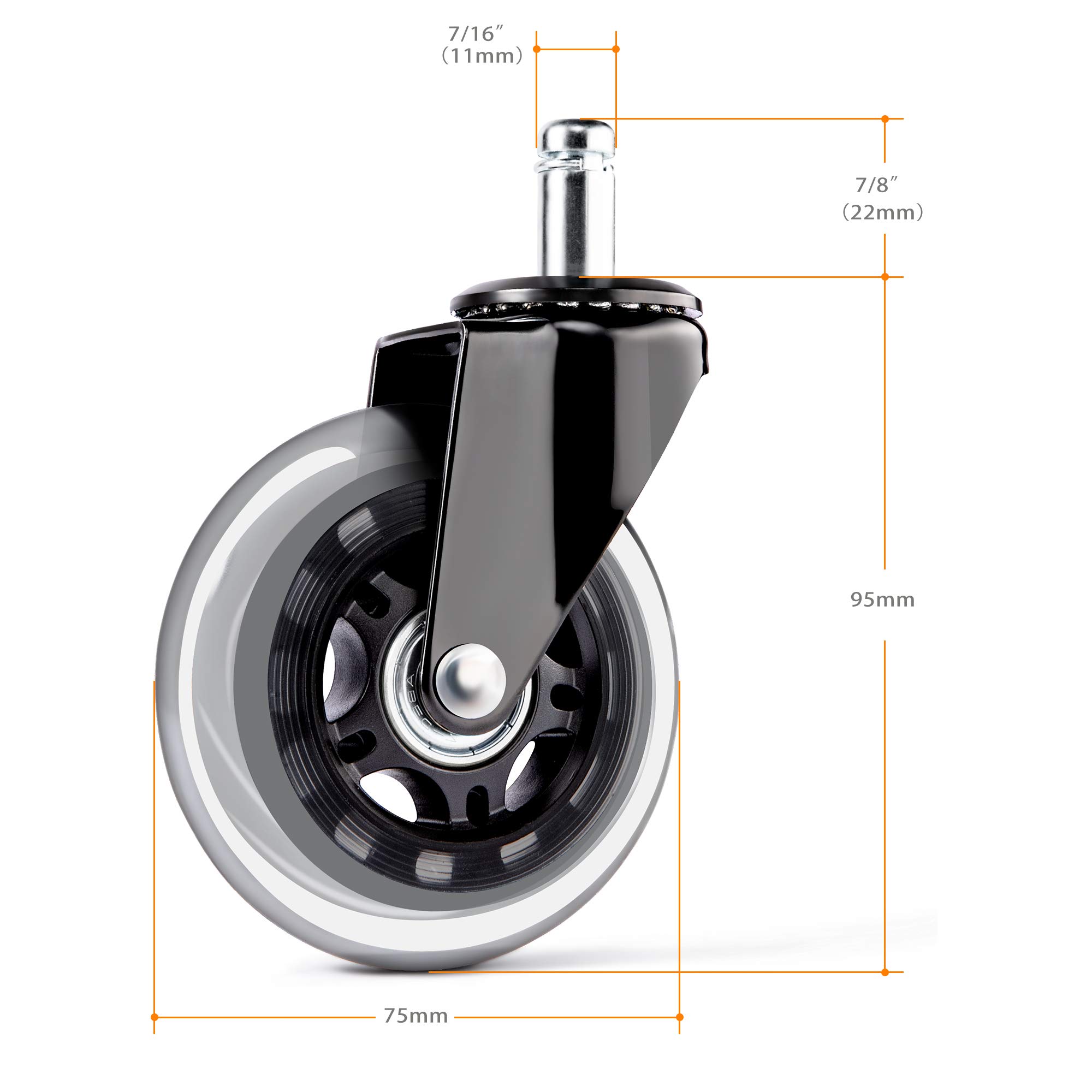 Office Chair Caster Wheels - 3" Rollerblade Rubber Replacement Chair Casters - Best Protection for Your Hardwood Floors No More Chair Mat Needed - Universal Fit,Smooth & Silent