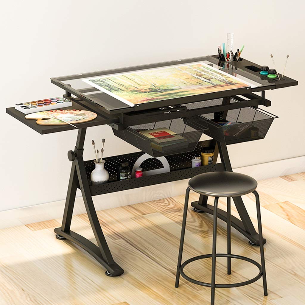 VejiA Drafting Table with Storage, Height Adjustable Tiltable Art Desk, Glass Panel Drawing Desk, for Work Study Painting Craft Table