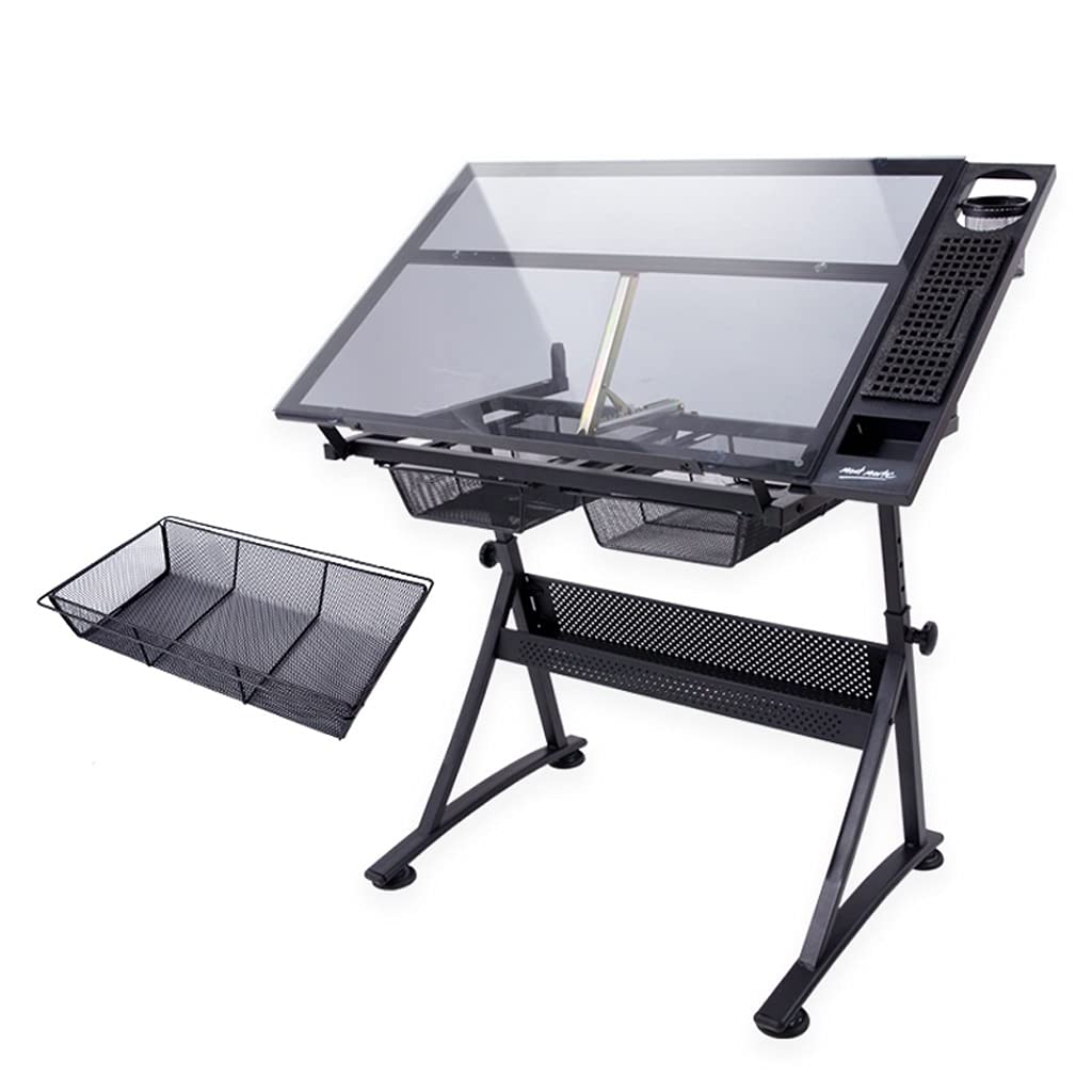 Adjustable Glass Drafting Table,Versatile Art Study Table,with Storage Drawers,Art Studio Design Sketching Painting Work Station