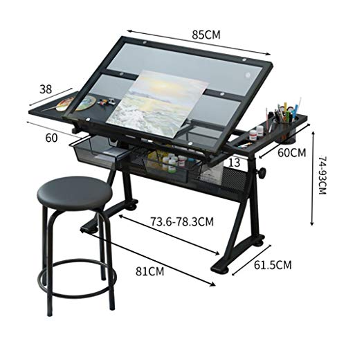 VejiA Drafting Table with Storage, Height Adjustable Tiltable Art Desk, Glass Panel Drawing Desk, for Work Study Painting Craft Table