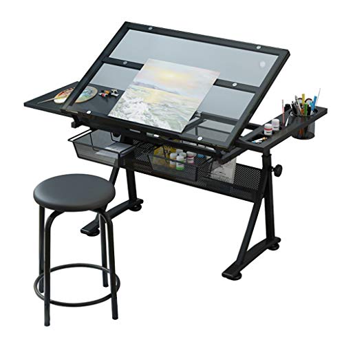 VejiA Drafting Table with Storage, Height Adjustable Tiltable Art Desk, Glass Panel Drawing Desk, for Work Study Painting Craft Table