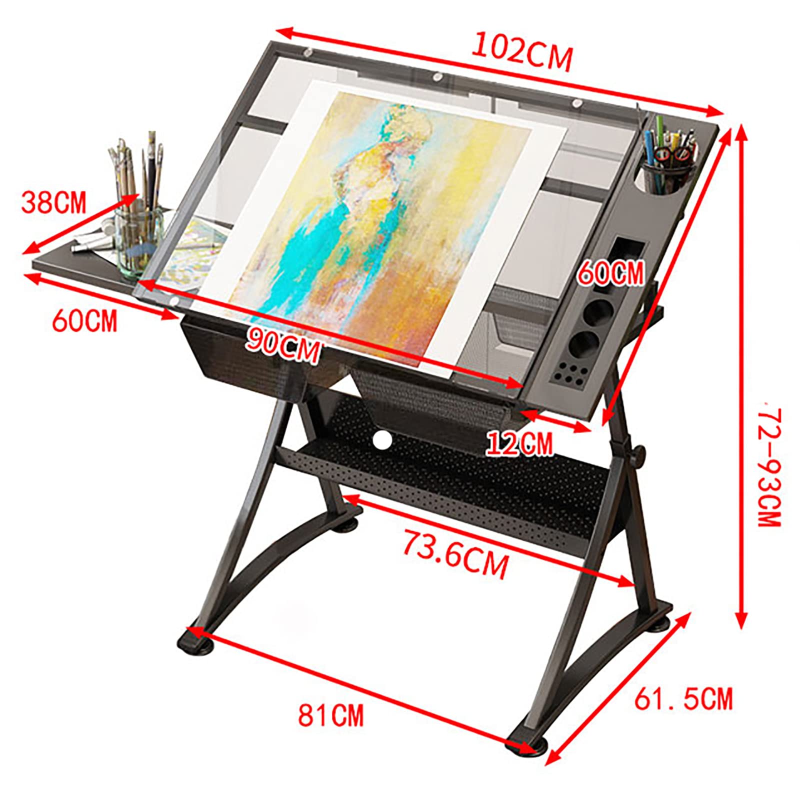 Drawing Table Drafting Desk, Glass Drafting Table Art with Stool, Height Adjustable Drawing Desk Art Table for Artists, Upgraded Tiltable Tabletop Art Craft Desk Painting Work Station for Reading Writ