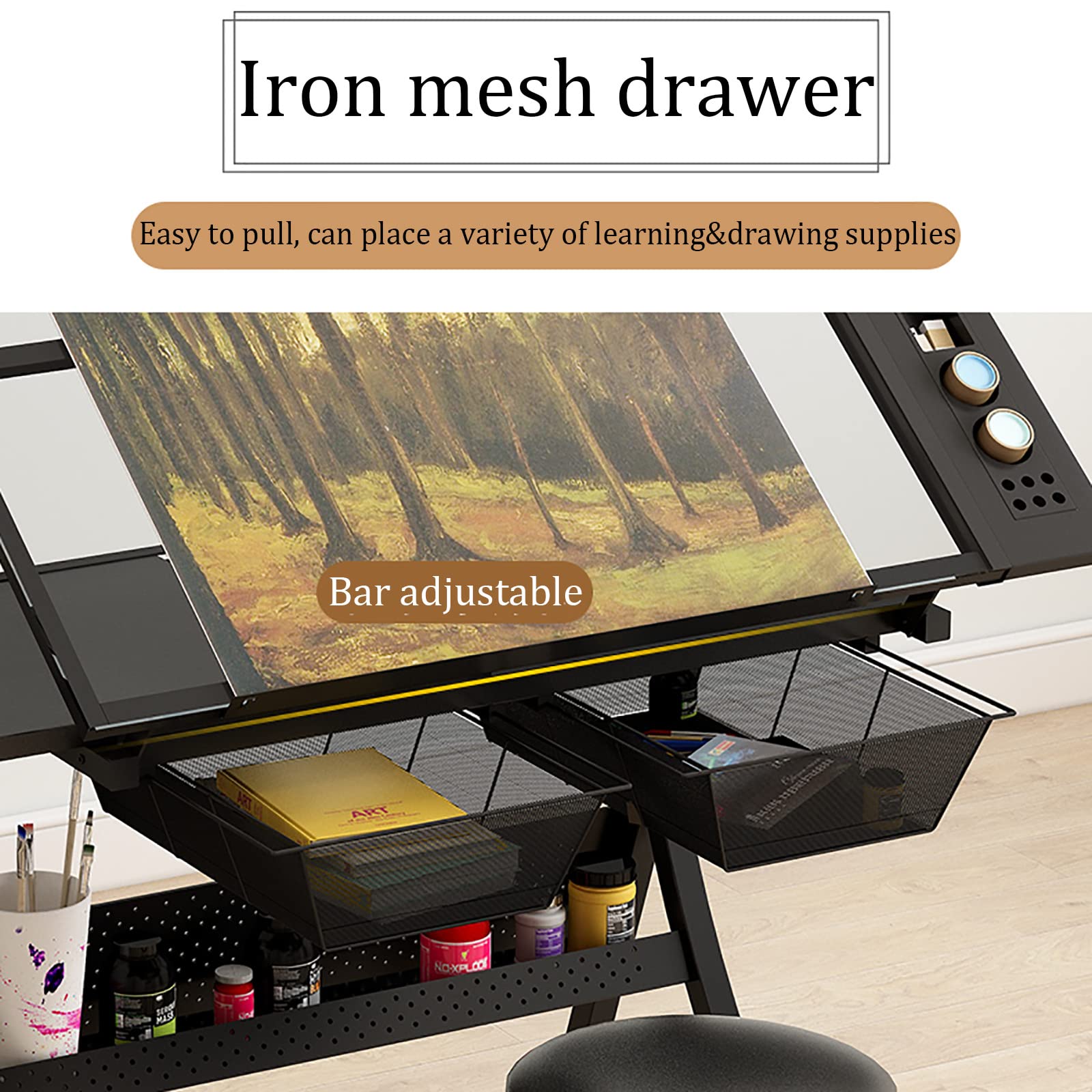 Drawing Table Drafting Desk, Glass Drafting Table Art with Stool, Height Adjustable Drawing Desk Art Table for Artists, Upgraded Tiltable Tabletop Art Craft Desk Painting Work Station for Reading Writ