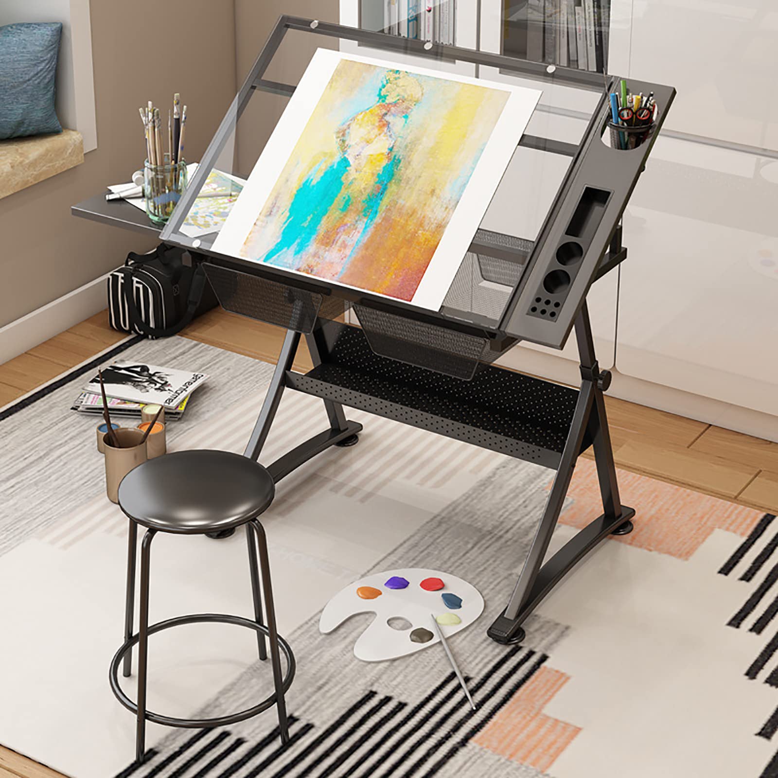 Drawing Table Drafting Desk, Glass Drafting Table Art with Stool, Height Adjustable Drawing Desk Art Table for Artists, Upgraded Tiltable Tabletop Art Craft Desk Painting Work Station for Reading Writ