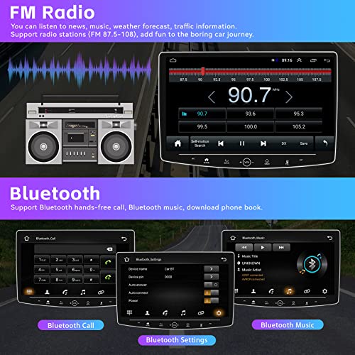Android 11 Single Din Car Stereo 10 inch Rotatable Angle Screen Touch Screen Android Head Unit Support GPS Navigation FM RDS Bluetooth HiFi WiFi USB Mirror Link + Backup Camera&MIC