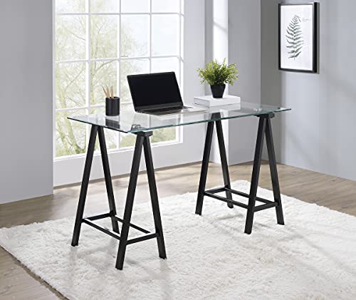OSP Home Furnishings Middleton 47 Inch Desk with Clear Beveled Glass Top, Black Base