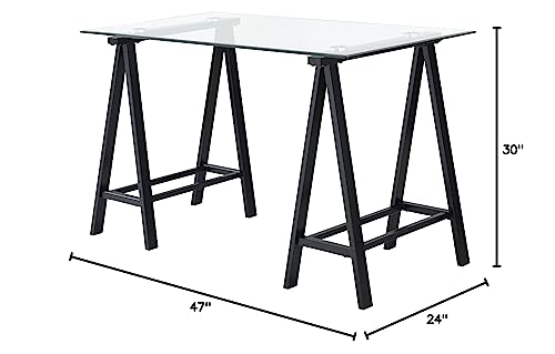 OSP Home Furnishings Middleton 47 Inch Desk with Clear Beveled Glass Top, Black Base