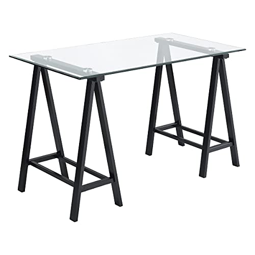 OSP Home Furnishings Middleton 47 Inch Desk with Clear Beveled Glass Top, Black Base