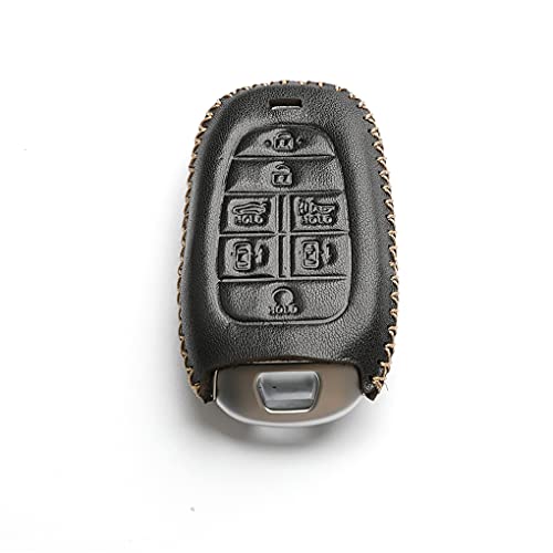 WFMJ Leather for 2022 2021 2020 2019 Hyundai Sonata Santa Fe Tucson Smart 5 7 Buttons Key Fob Case Keychain Cover Chain (Black,7 Buttons)