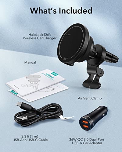 ESR Shift Wireless Car Charger (HaloLock), Compatible with MagSafe Car Charger, Detachable Fast Charging Pad, for Caseless iPhone 14/13/12 Series and Magnetic Cases, with 36W Car Adapter, Black