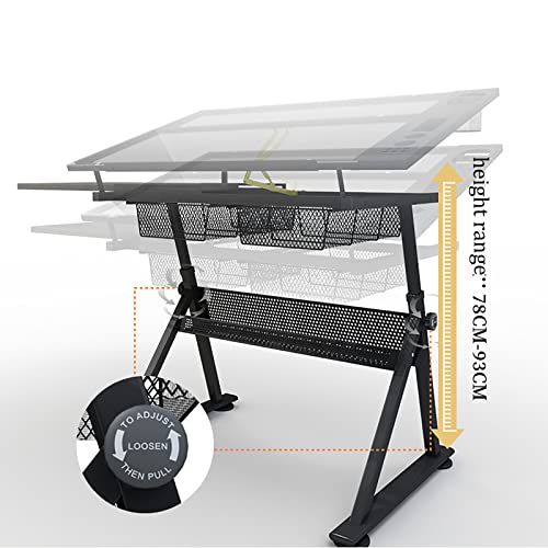 VejiA Drawing Table, Height/Angle Adjustable Drawing Desk Craft Station Drafting Table with One Side Table, Stool and Two Drawers, Tempered Glass Top, for Painting, W