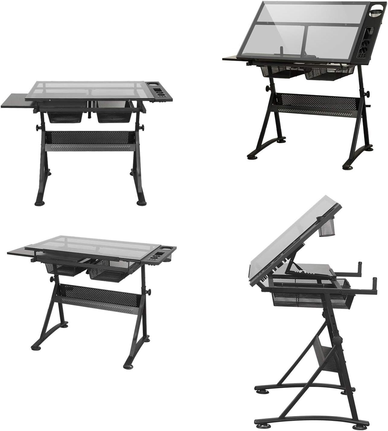 XiVue Drafting Table with Storage, Height Adjustable Tiltable Art Desk, Glass Panel Drawing Desk, for Work Study Painting Craft Table