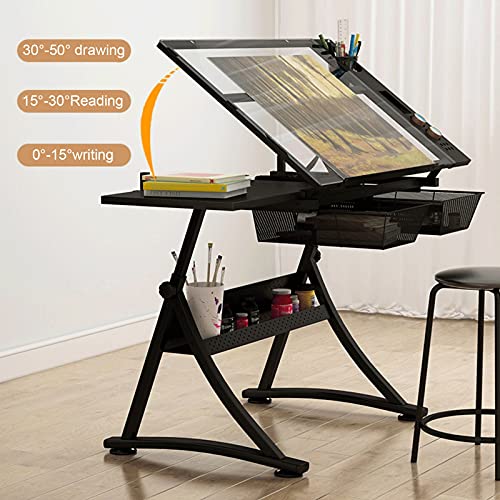 ROLTIN Drafting Tables Height Adjustable Drawing Art Table,Artists Desk Tilting Glass Tabletop Paintings Work Station with Storage Drawer,Writing Art Craft Work Station (