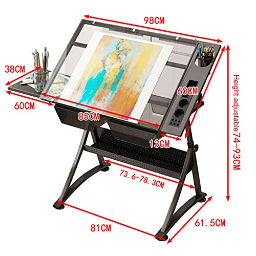 ROLTIN Drafting Tables Height Adjustable Drawing Art Table,Artists Desk Tilting Glass Tabletop Paintings Work Station with Storage Drawer,Writing Art Craft Work Station (